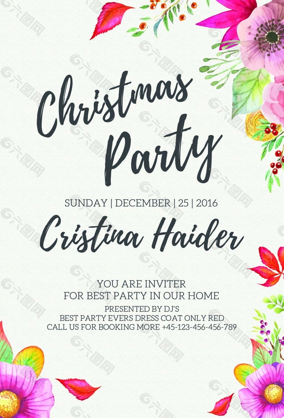 手绘美丽花卉花边圣诞派对海报psd源文件平面广告素材免费下载(图片编号:9052871)-六图网
